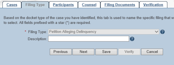 PACFile Filing Type tab - Common Pleas Delinquency Petition Filing